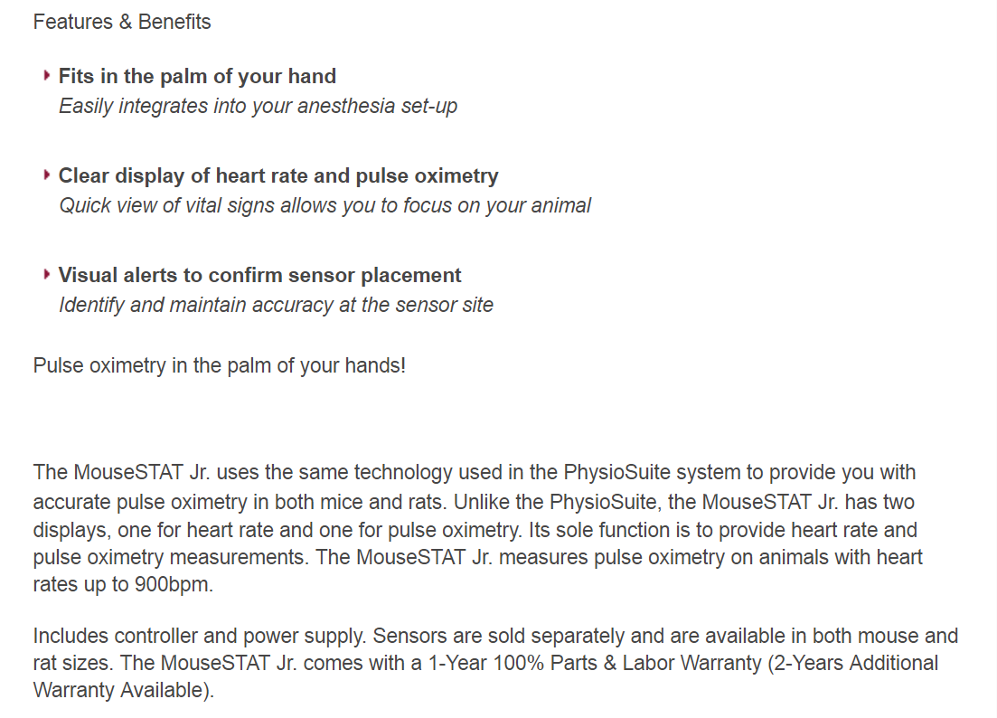MouseSTAT Jr. | 簡易血氧、心律監測儀 | 大小鼠血氧儀 | 手術監測儀 | 非侵入式監測儀 | 脈搏血氧儀 | 心率監測器 ...